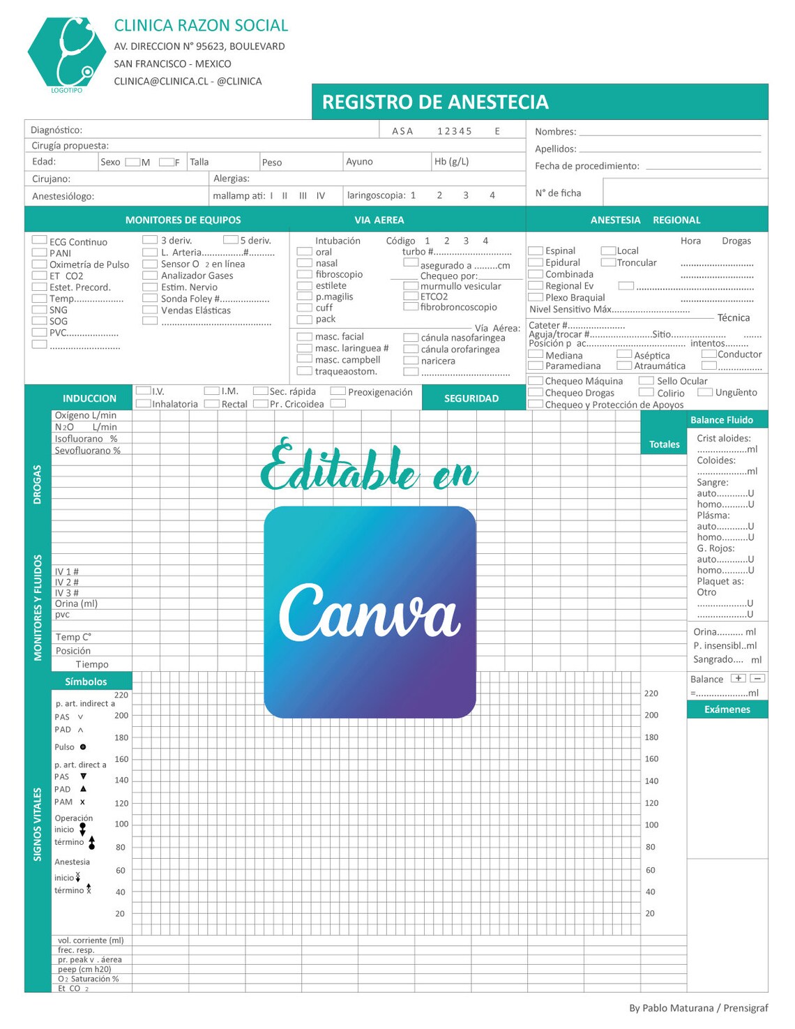 Anesthesia Record Template, Canva Anesthesia Template, Canva Anesthesia ...