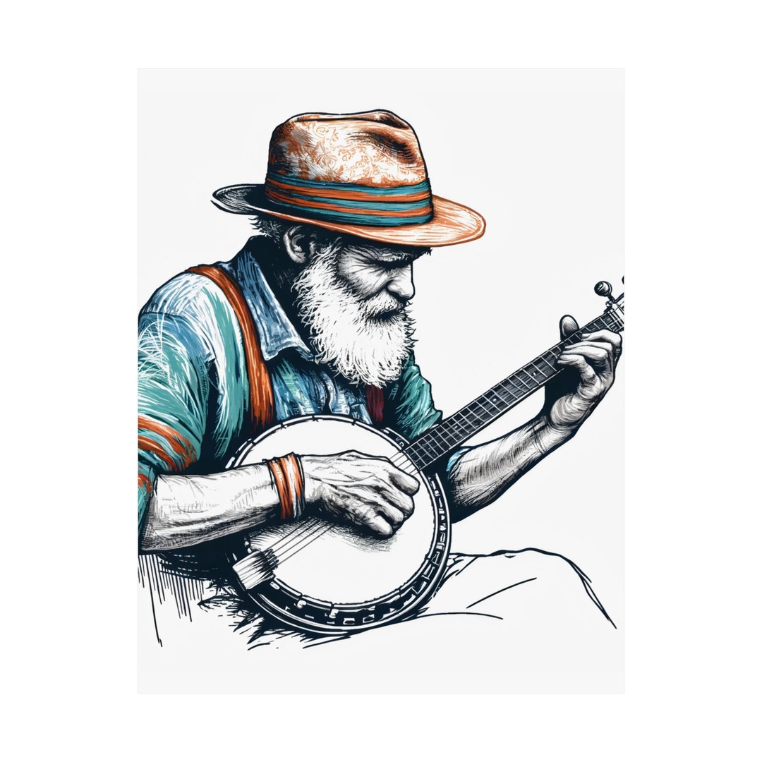 Rustic Banjo Player Art Print Vintage Musician Poster Folk Music Wall ...