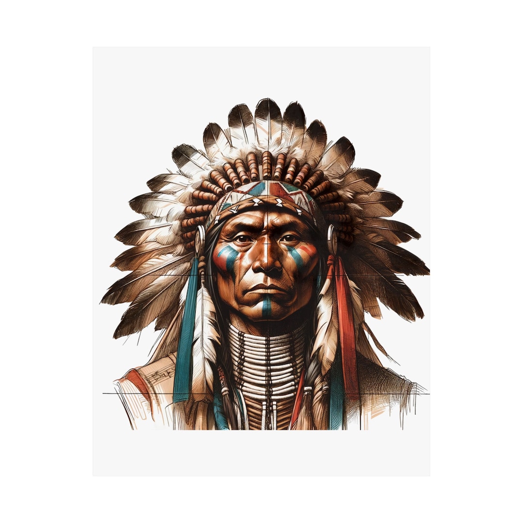 Native American Chief Art Print Gift Detailed Tribal Portrait Cultural ...