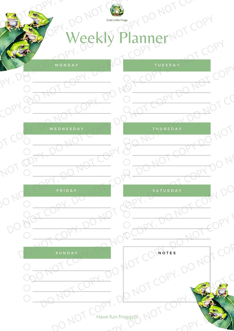Frog Weekly Planner Organization Digital Product Watercolor Frog ...