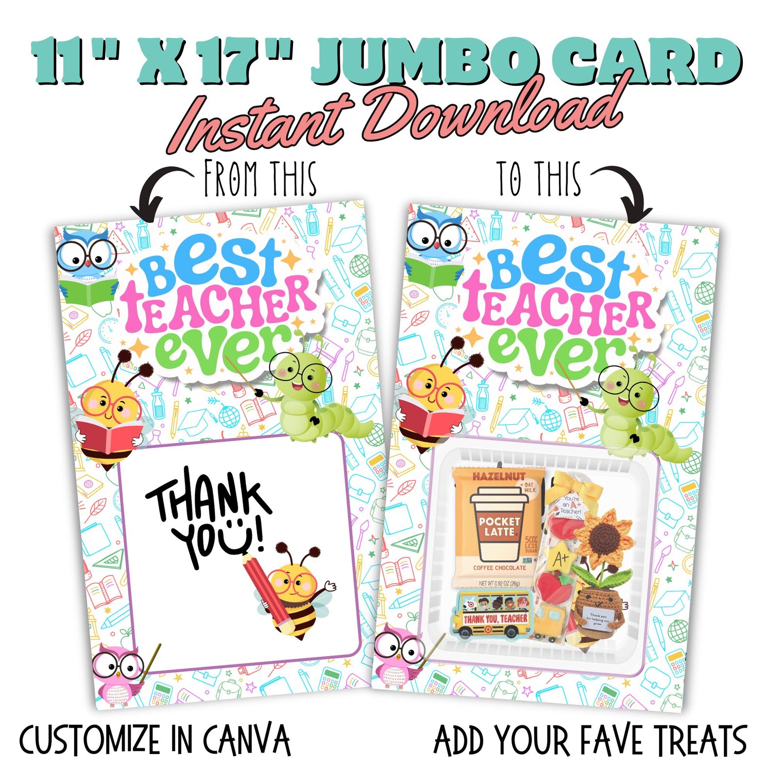 Teacher Appreciation Jumbo Card Instant Download - Best Teacher Ever ...