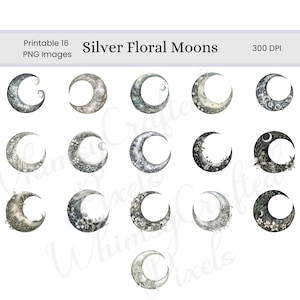 Silver Floral Moon Clip Art Set | Digital Images | for Scrapbooks, Card ...