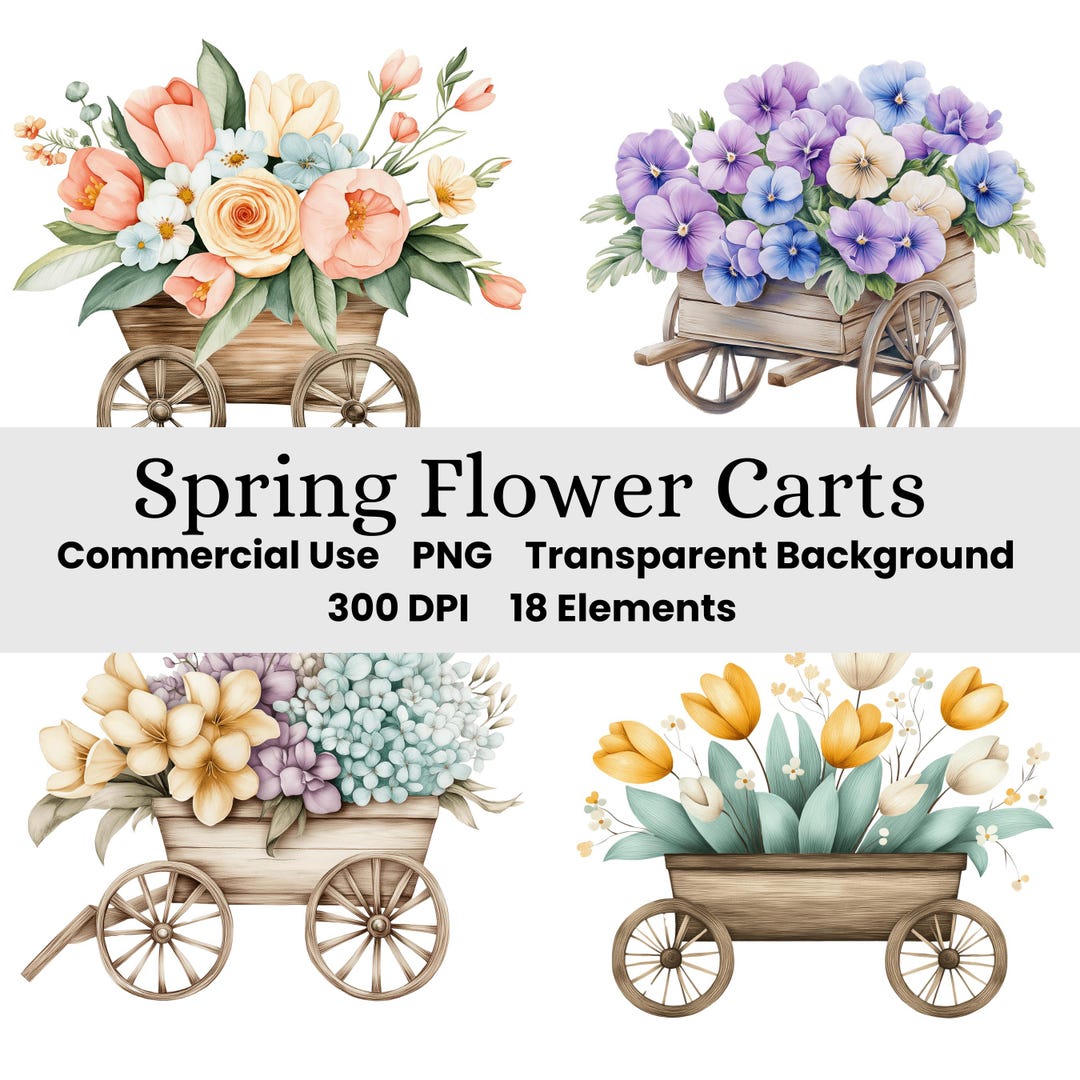 Spring Flower Carts Clip Art Set | Digital Floral Images for Scrapbooks ...