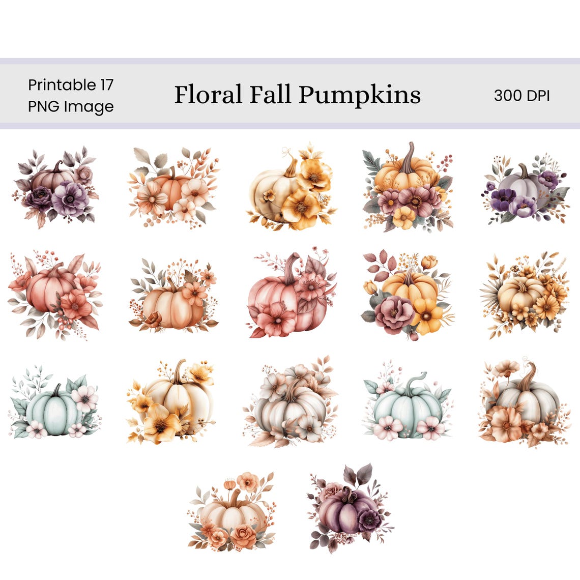 Floral Fall Pumpkins Clip Art Set | Digital Autumn Images for ...