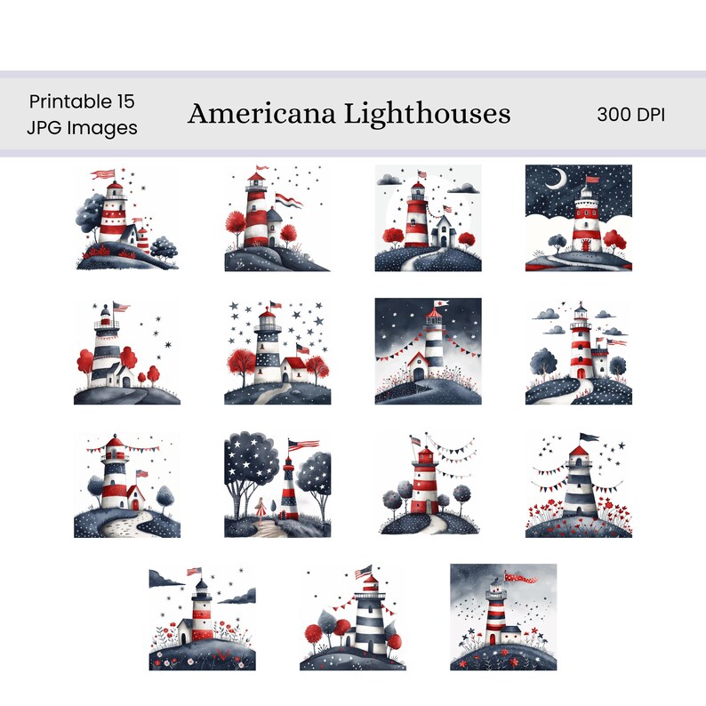 Cute Americana Lighthouses Digital Pages | Printable Digital Patriotic ...
