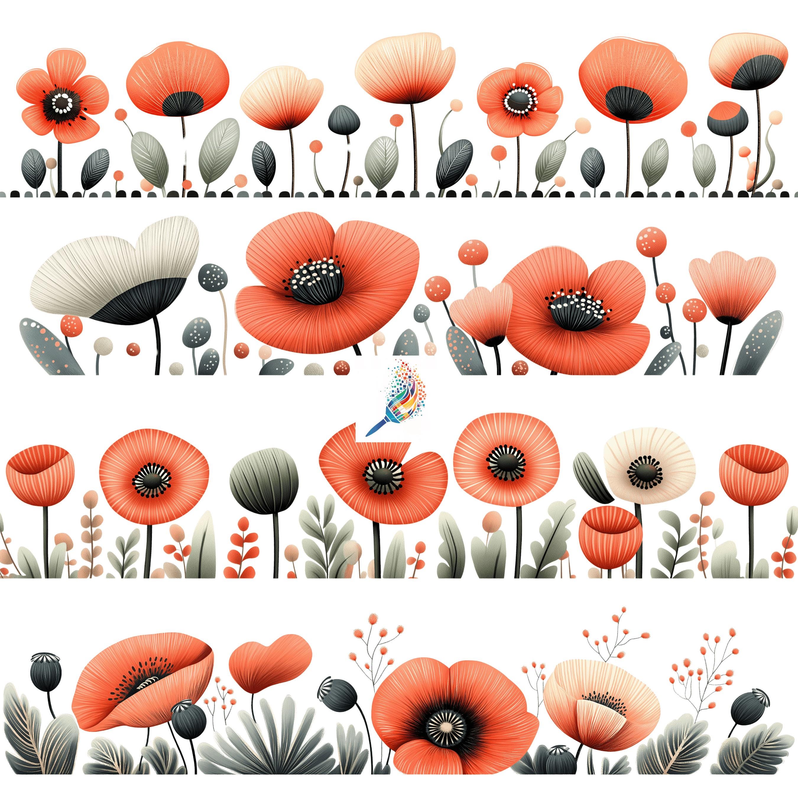 Poppy Floral Borders Clip Art Set | Digital Border Images for ...