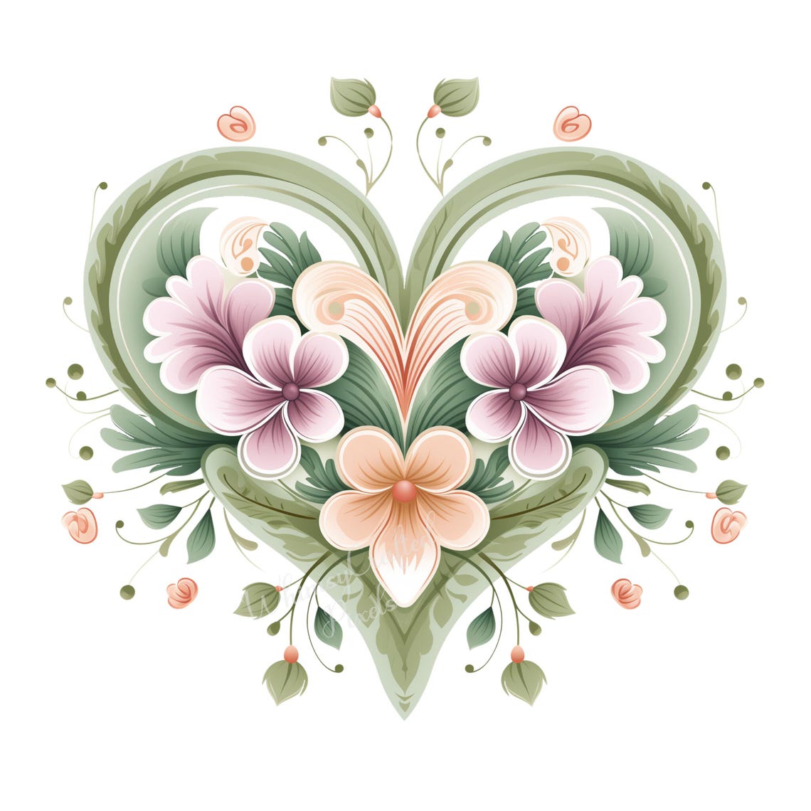 Green Floral Heart Clip Art Set | Pretty Digital Images for Scrapbooks ...