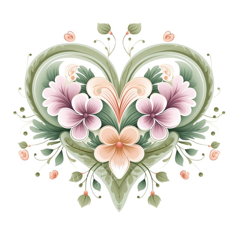 Green Floral Heart Clip Art Set | Pretty Digital Images for Scrapbooks ...