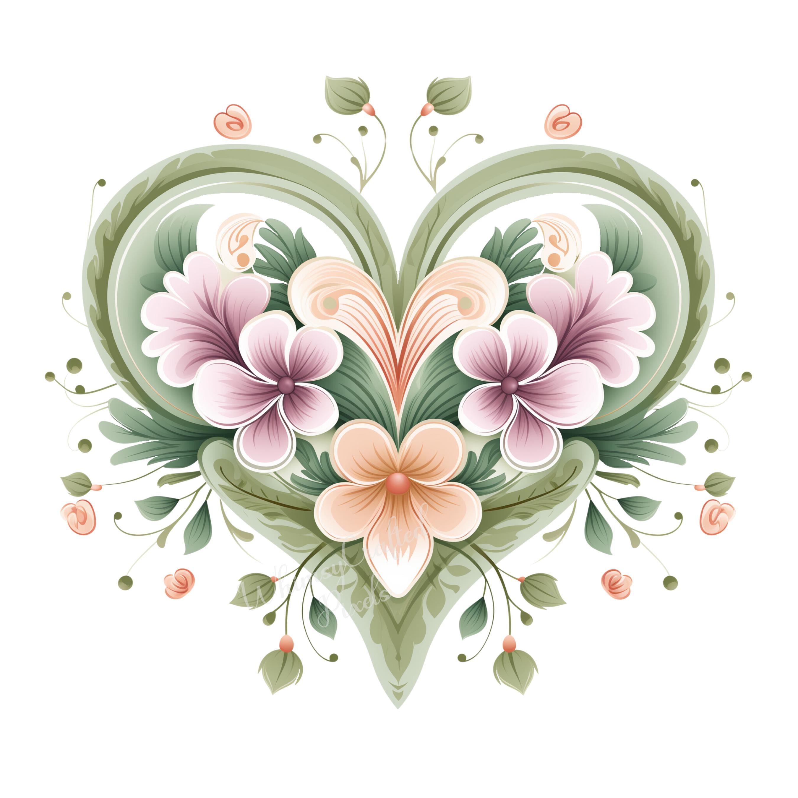 Green Floral Heart Clip Art Set | Pretty Digital Images for Scrapbooks ...