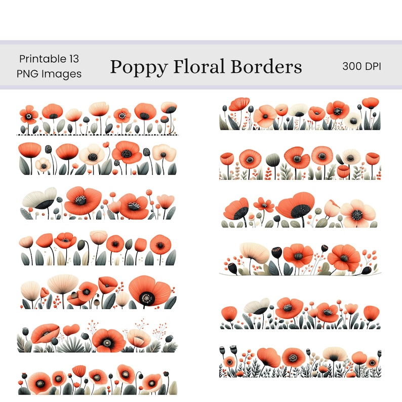 Poppy Floral Borders Clip Art Set | Digital Border Images for ...