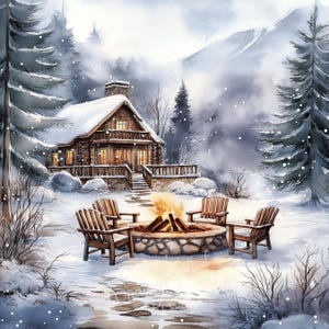 Snowy Mountain Cabins Digital Pages | Printable Digital Winter ...