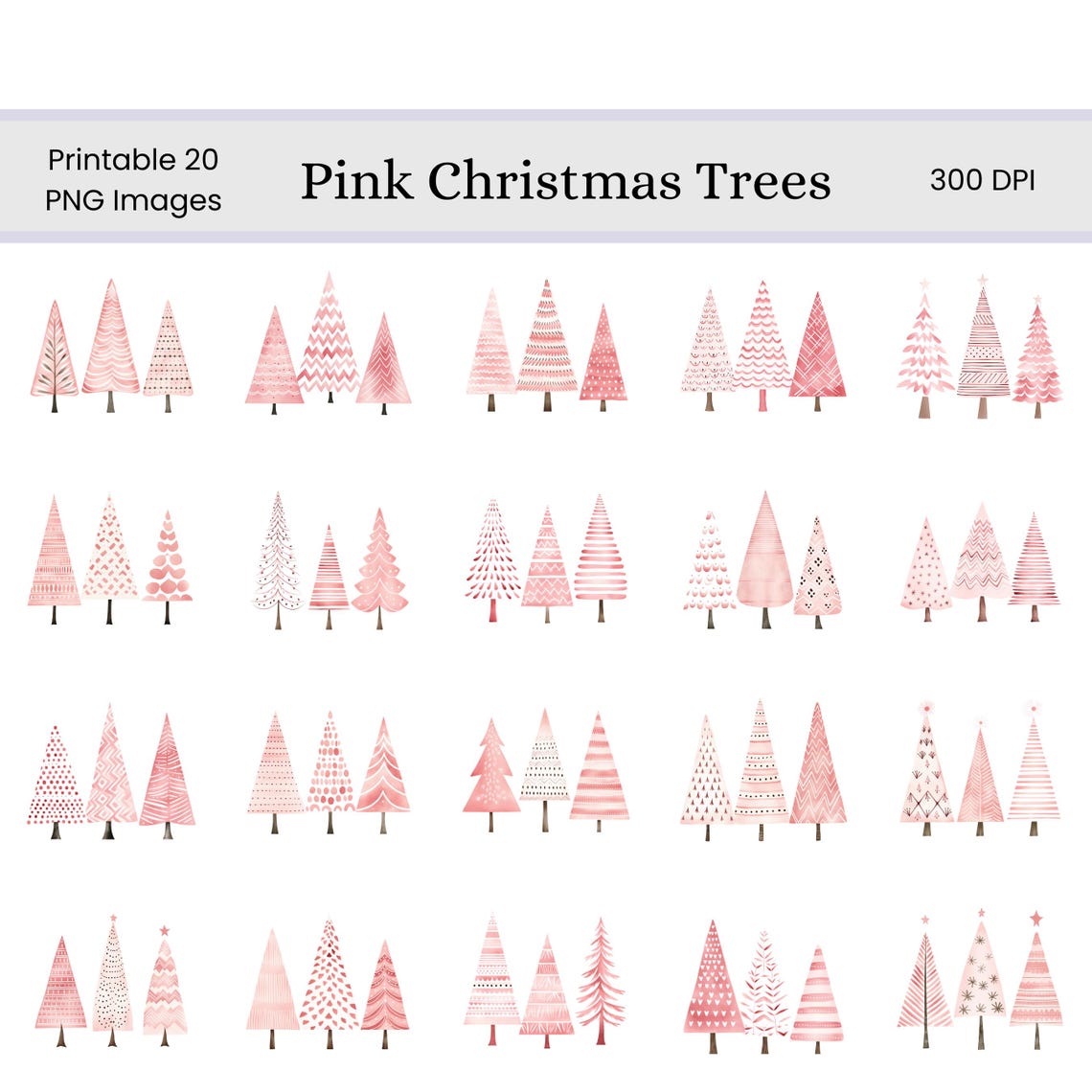 Pink Boho Christmas Trees Clip Art Set | Holiday Digital Images ...