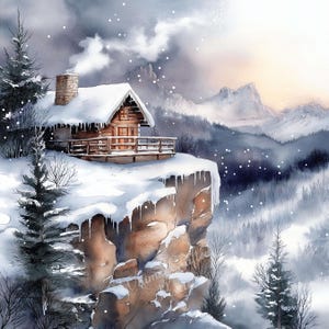 Snowy Mountain Cabins Digital Pages | Printable Digital Winter ...