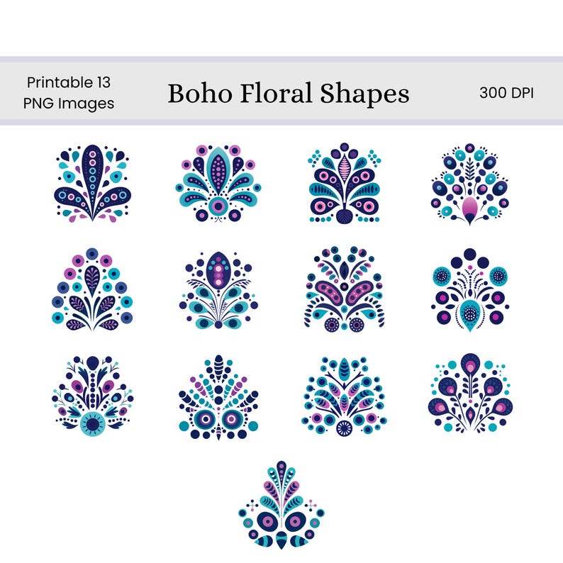 Boho Floral Shapes Clip Art Set | Digital Images for Scrapbooks, Card ...