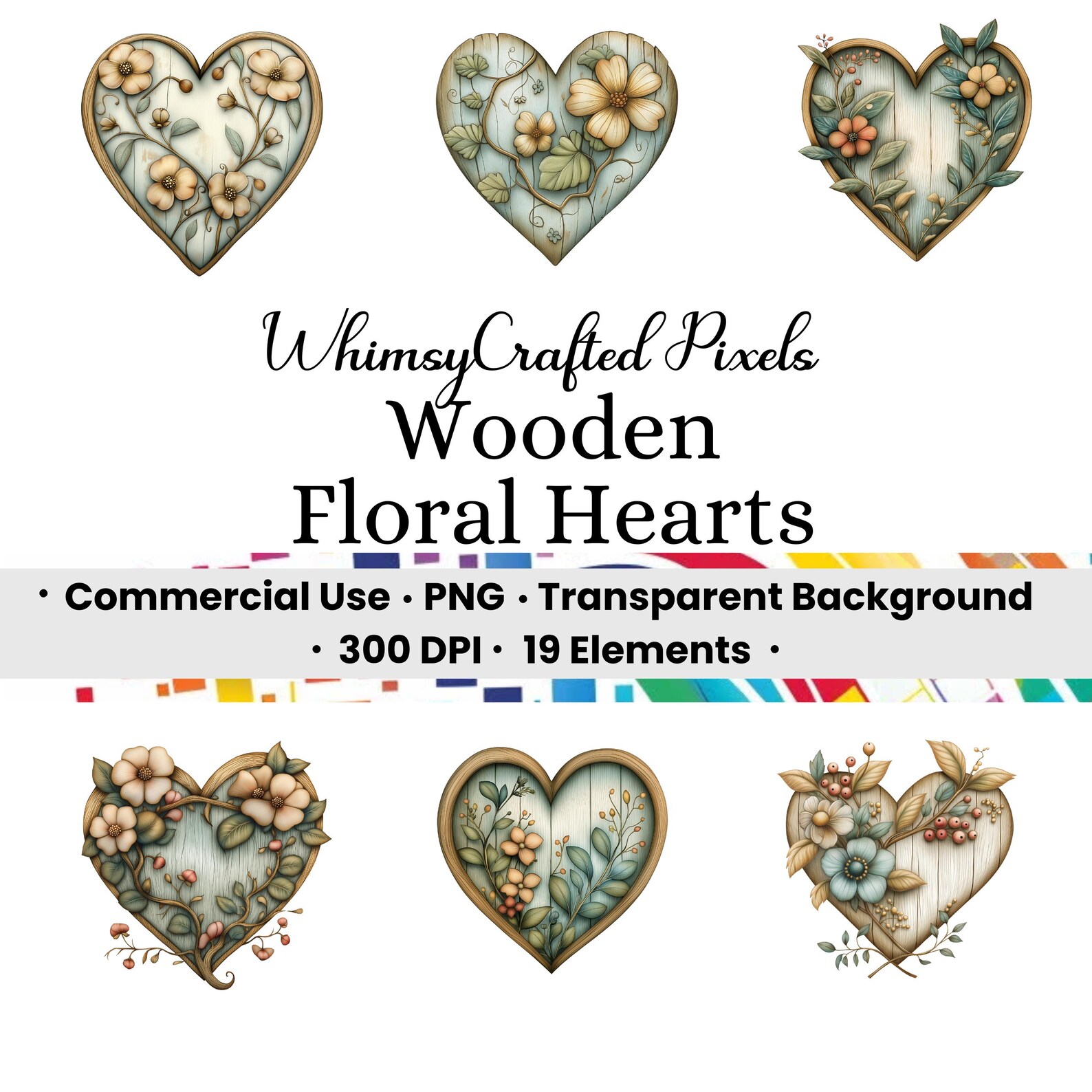 Wooden Floral Hearts Clip Art Set | Rustic Digital Images | Scrapbooks ...
