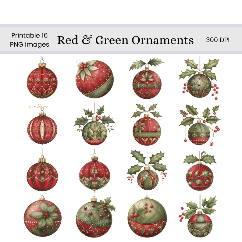 Red & Green Christmas Ornaments Clip Art Set |holiday Digital Images ...
