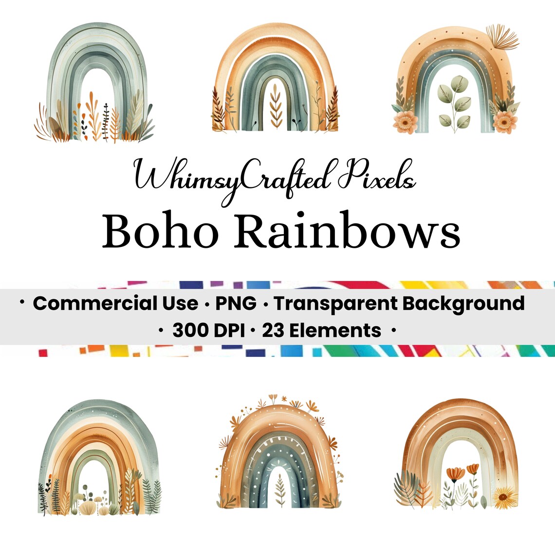 Boho Rainbows Clip Art Set Cute Digital Images for Scrapbooks, Card ...