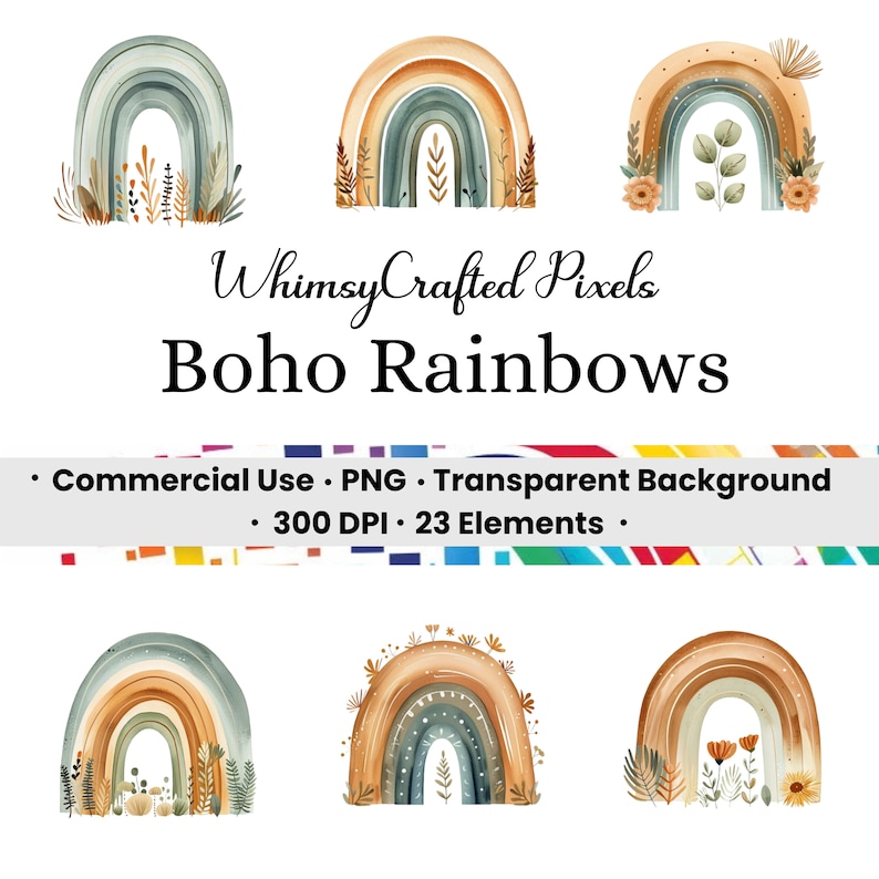 Boho Rainbows Clip Art Set Cute Digital Images for Scrapbooks, Card ...