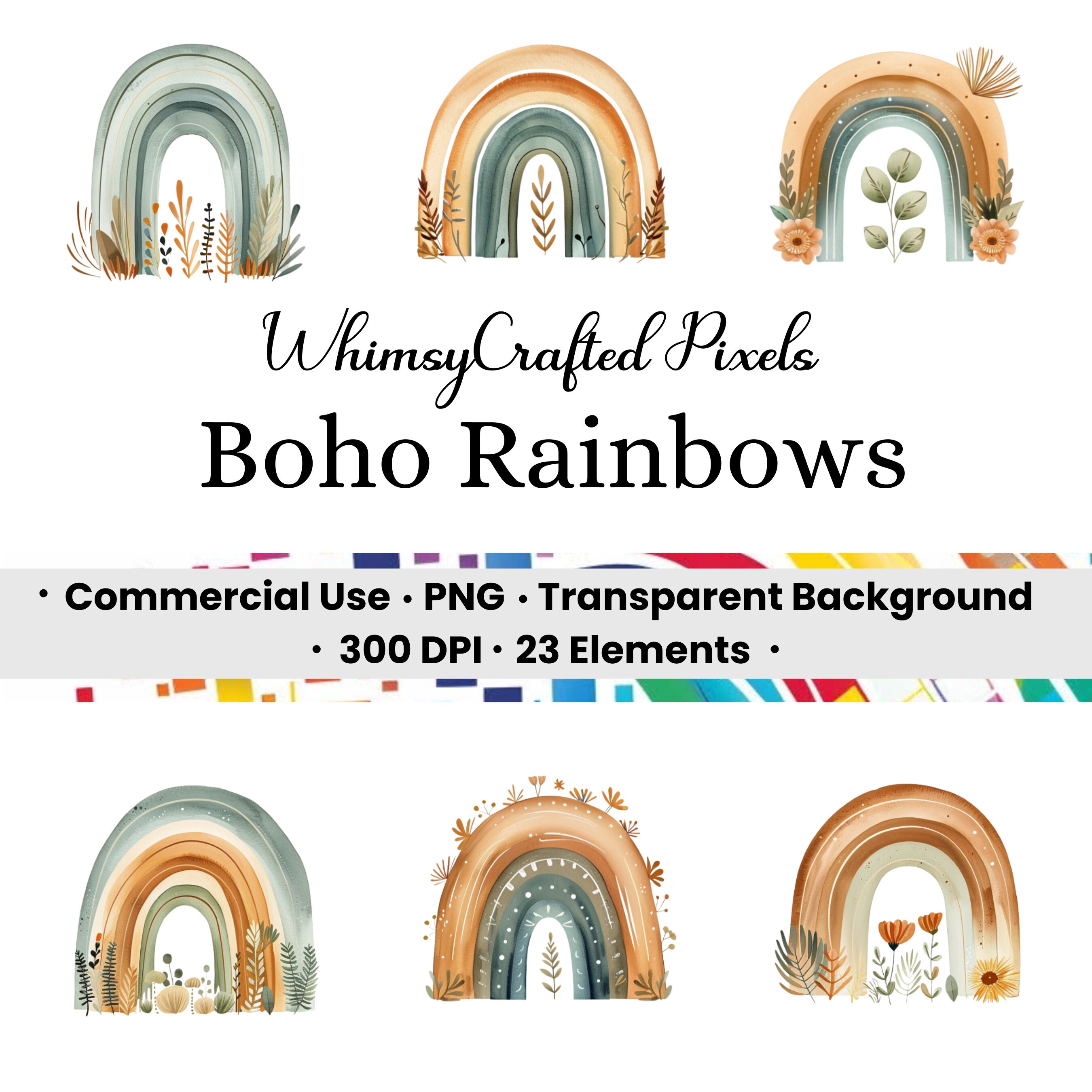 Boho Rainbows Clip Art Set Cute Digital Images for Scrapbooks, Card ...