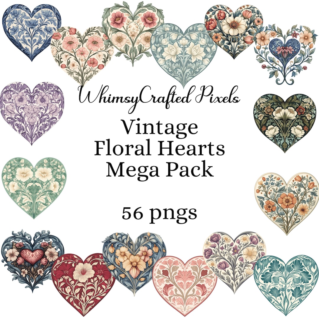 Vintage Floral Hearts Mega Pack Clip Art Set | Digital Valentine Images ...