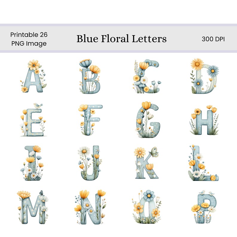Blue Floral Letters Clip Art Set | Alphabet Digital Images | Scrapbooks ...