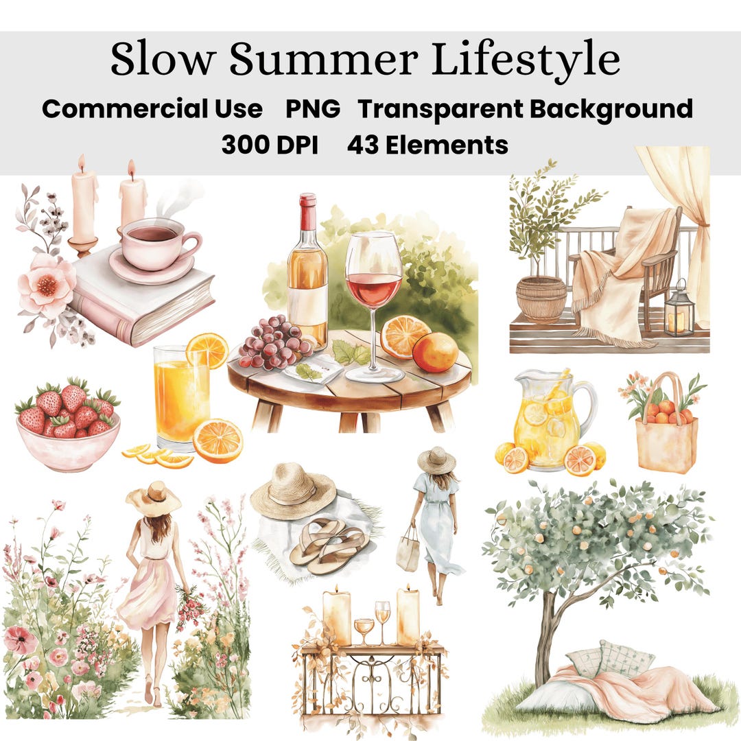 Slow Summer Lifestyle Clipart Bundle, Watercolor Cozy Living Aesthetic ...