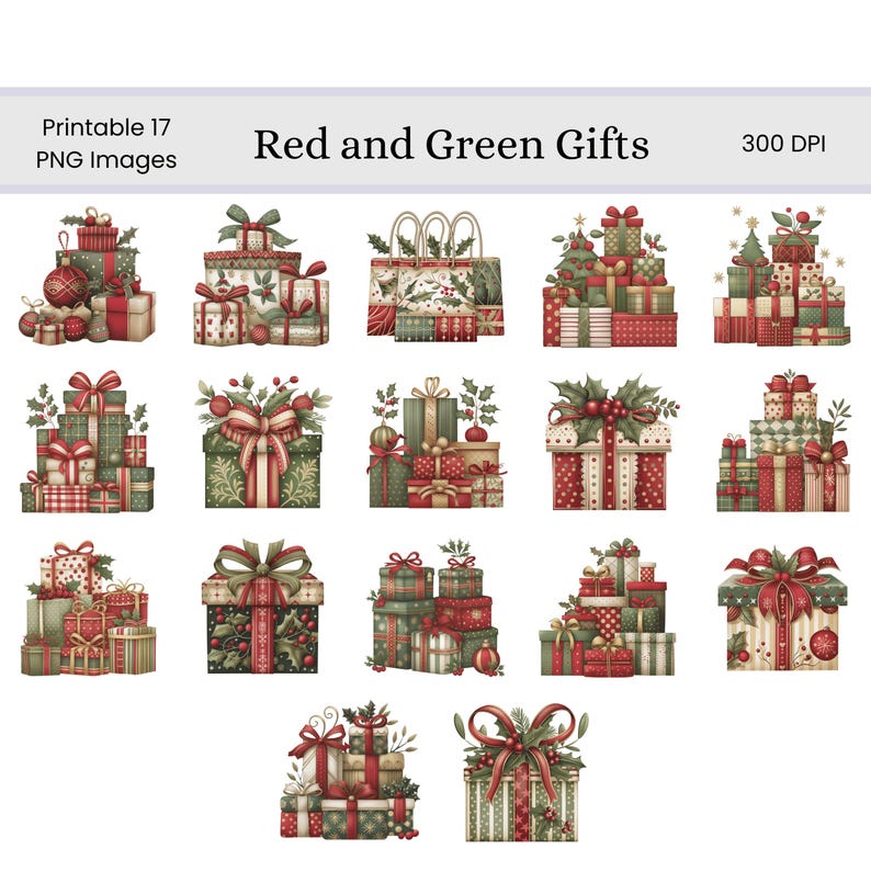 Red and Green Christmas Gifts Clip Art Set | Holiday Digital Images ...