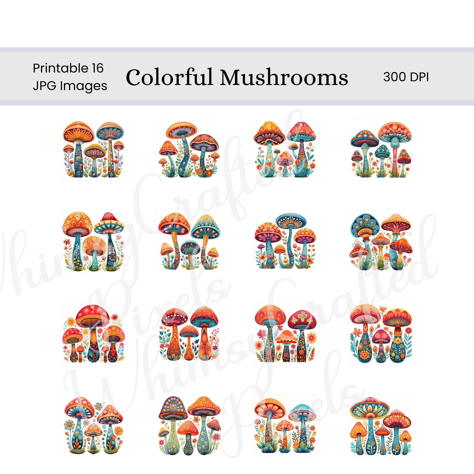 Colorful Mushroom Digital Pages | Fun Printable Digital Backgrounds ...