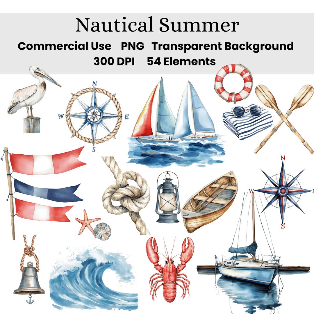 Nautical Summer Clipart Bundle, Coastal Beach Watercolor PNG, Sailboat ...