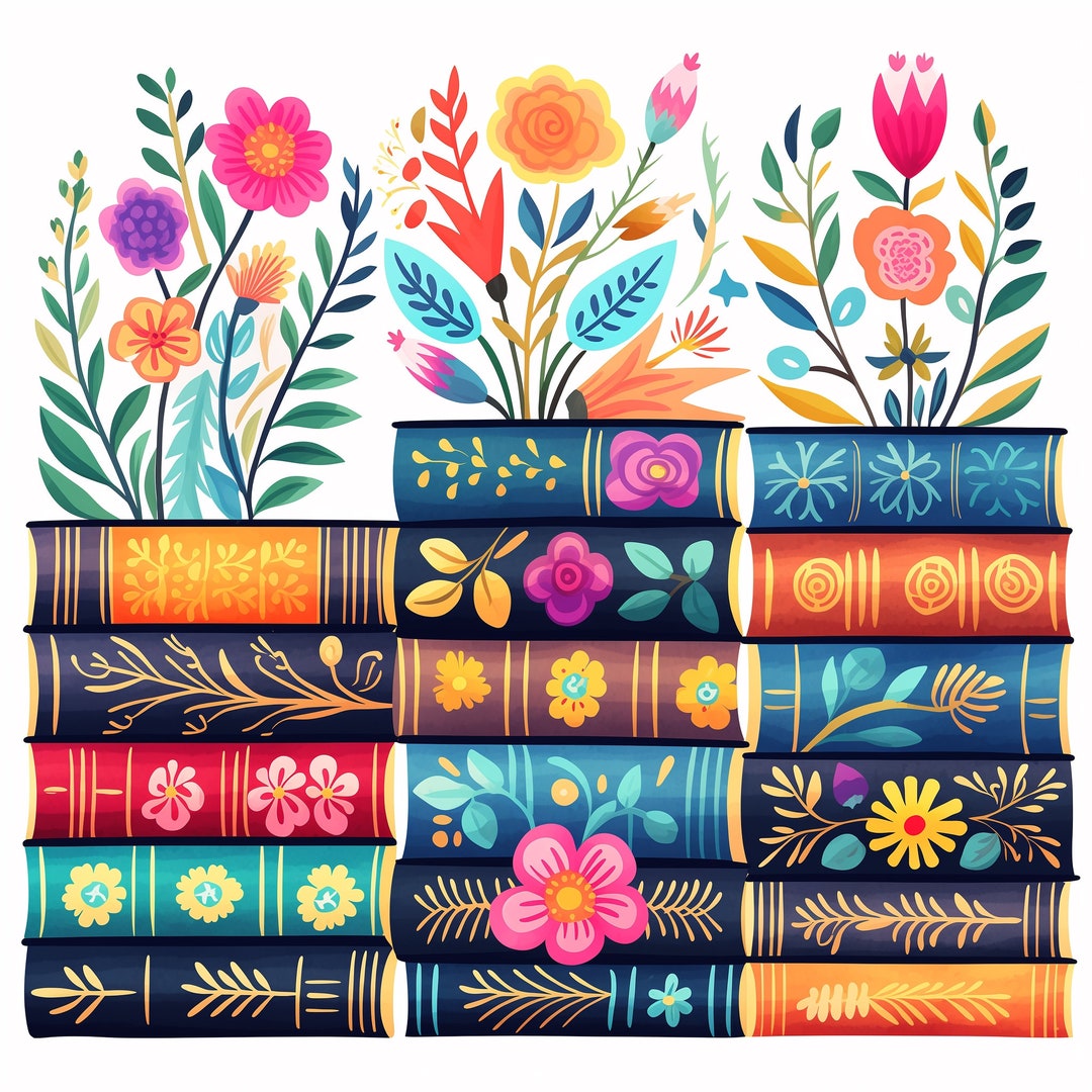 Flowery Book Stacks Digital Pages | Fun Printable Digital Backgrounds ...