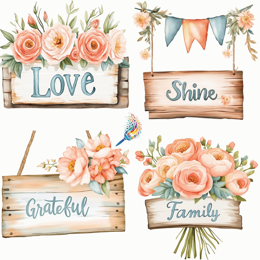 Peach Floral Signs Clip Art Set | Digital Inspiration Signs Images for ...