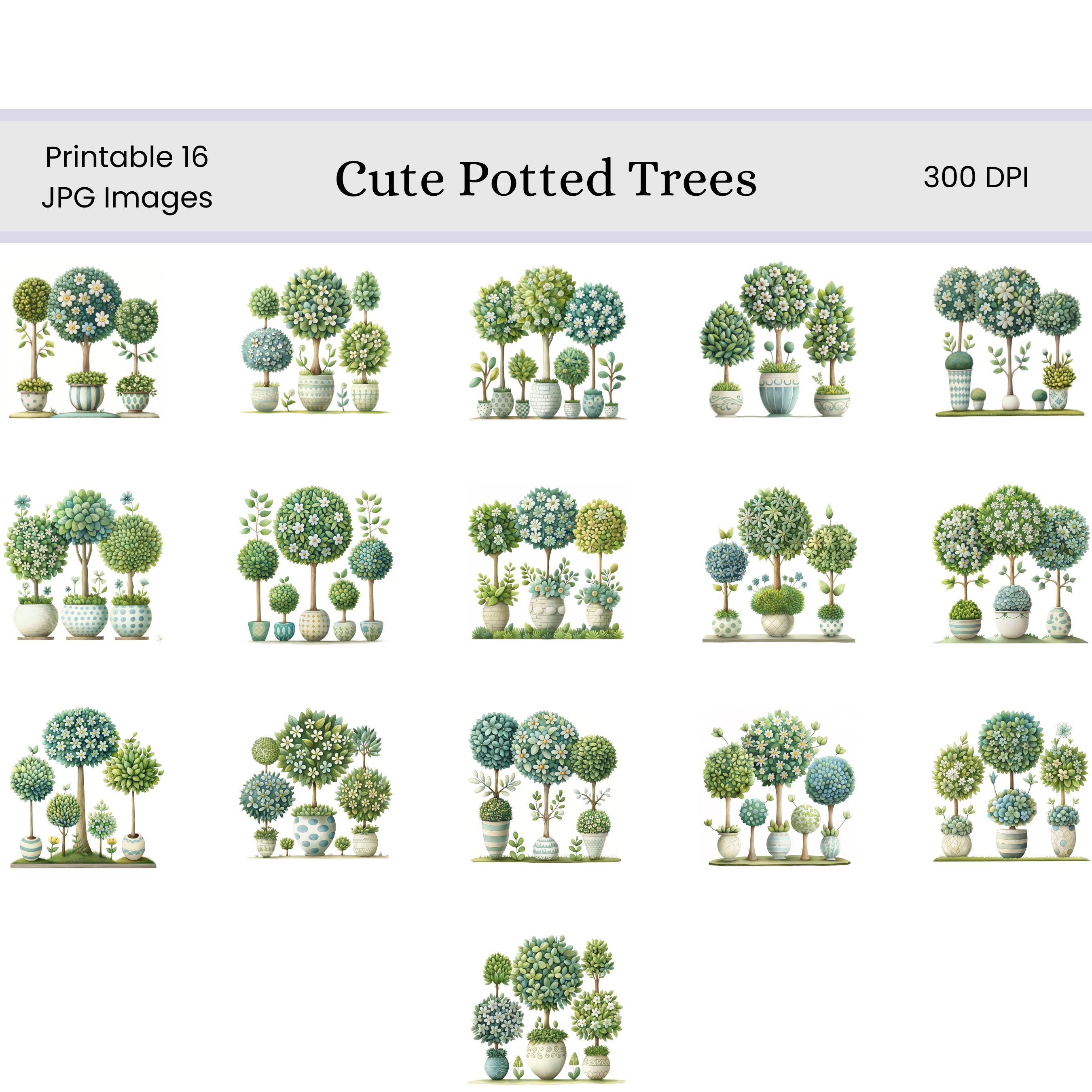 Cute Potted Trees Digital Pages | Pretty Printable Digital Backgrounds ...