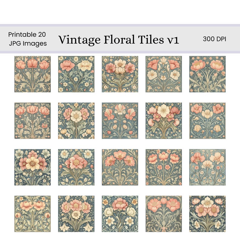 Vintage Floral Tiles V1 Digital Pages | Printable Digital Tile ...