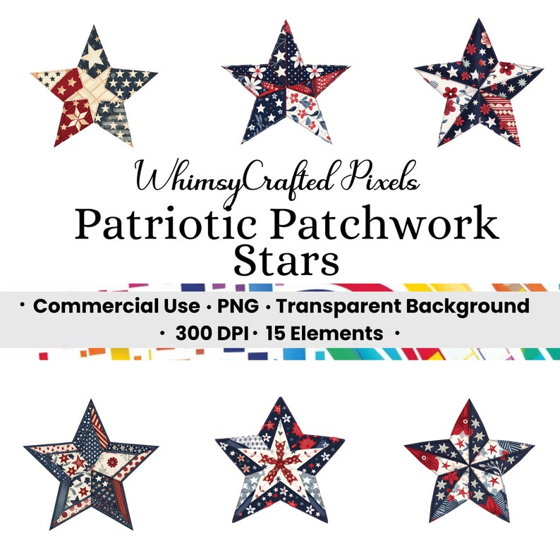 Patriotic Patchwork Stars Clip Art Set | Digital Images | for ...