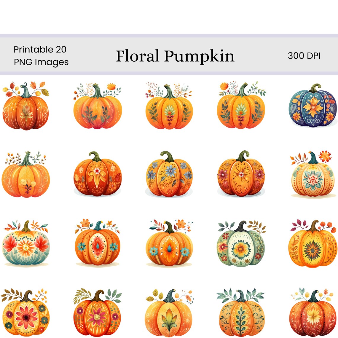 Floral Pumpkin Clip Art Set Fall Digital Images for Scrapbooks, Card ...