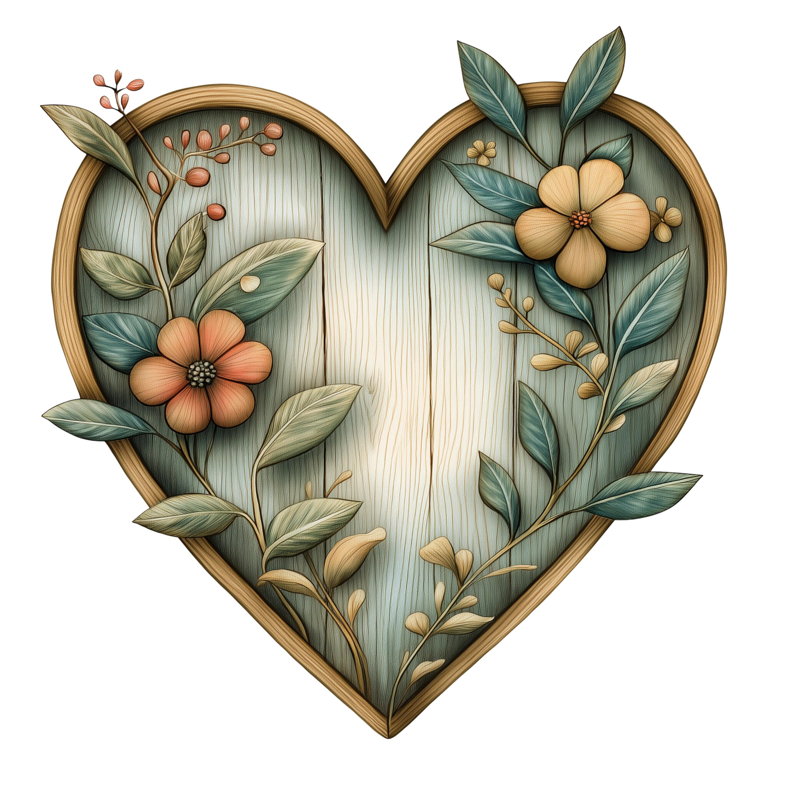 Wooden Floral Hearts Clip Art Set | Rustic Digital Images | Scrapbooks ...