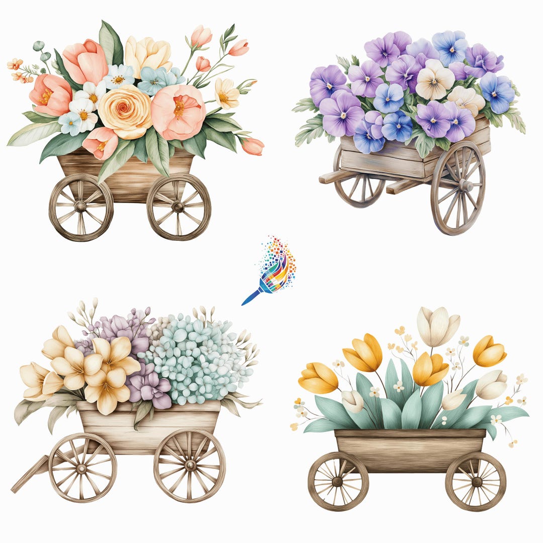 Spring Flower Carts Clip Art Set | Digital Floral Images for Scrapbooks ...