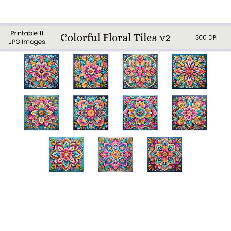 Colorful Floral Tiles V2 Digital Pages | Tile Printable Digital ...