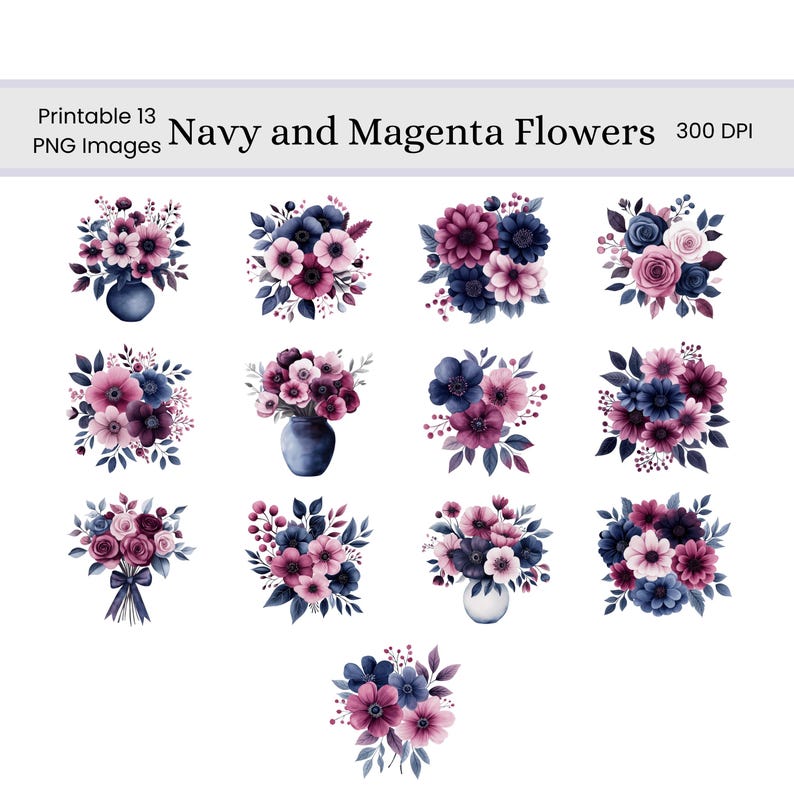Navy Blue and Magenta Flowers Clip Art Set |digital Images for ...