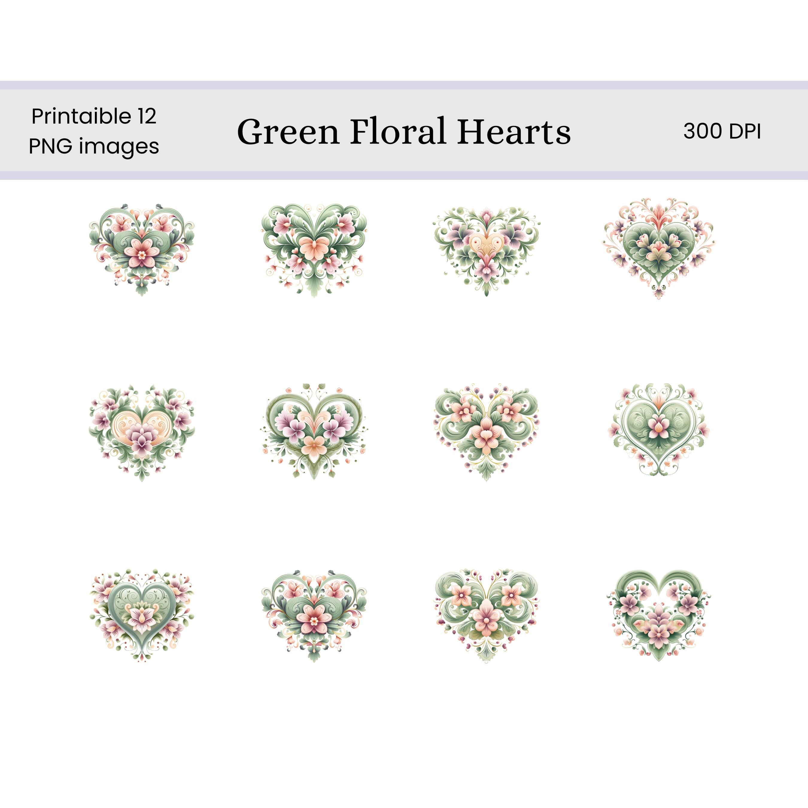 Green Floral Heart Clip Art Set | Pretty Digital Images for Scrapbooks ...