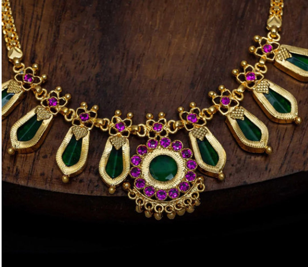 Kerala Style Palakka Necklace With Matching Earrings / Gold Plated ...