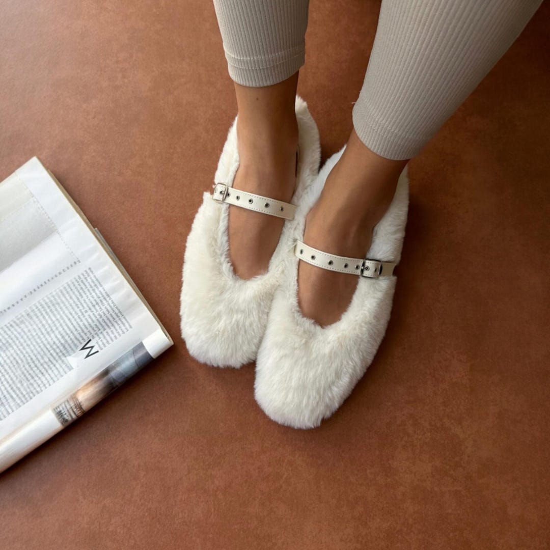 Fuzzy Mary Jane Slippers | Plush Cozy House Shoes for Women | White ...