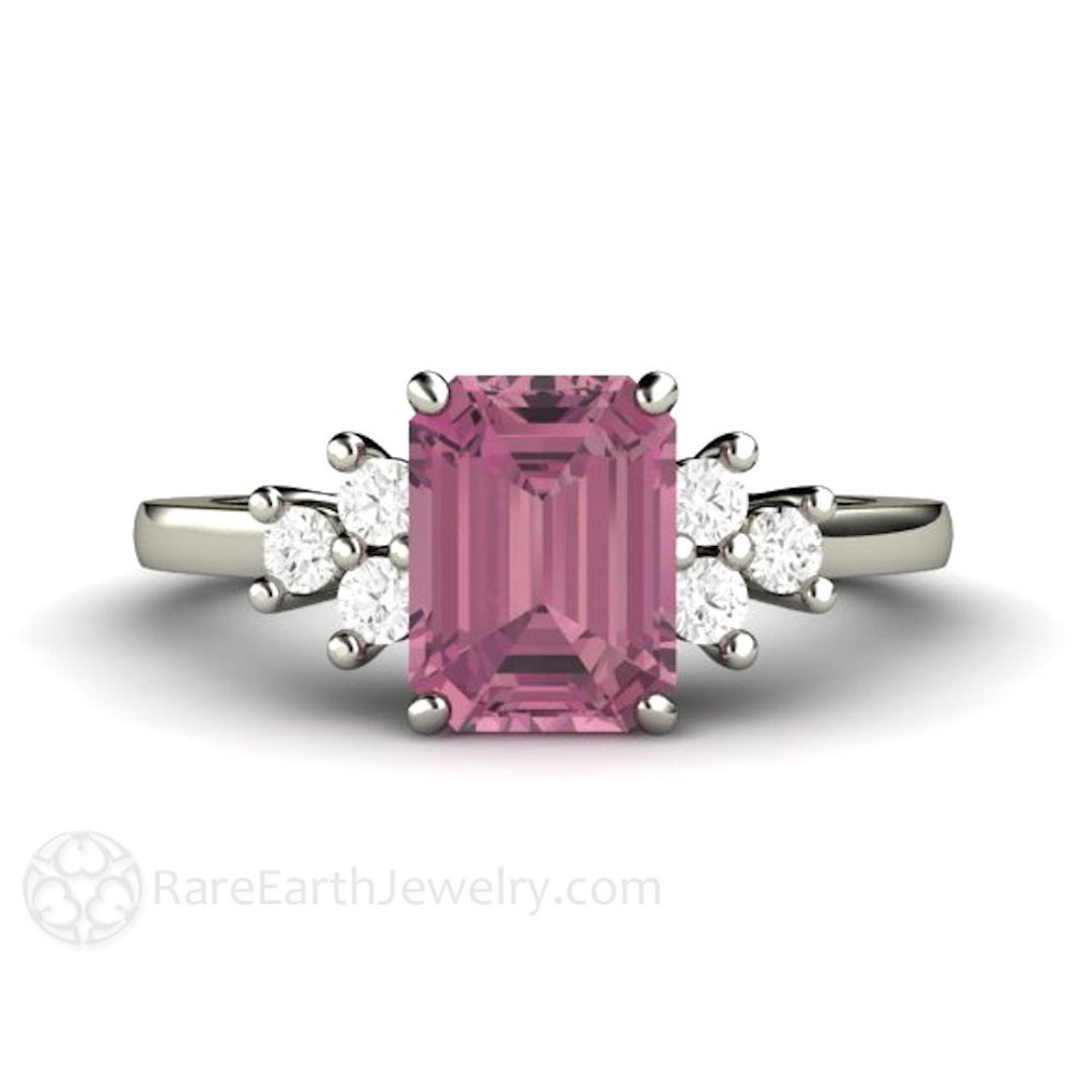Natural Pink Tourmaline Ring With Diamonds Emerald Cut Tourmaline ...