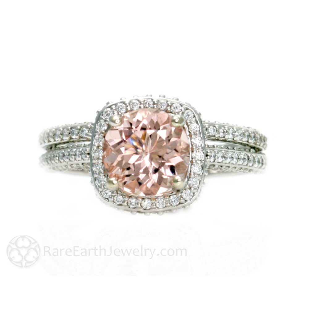 Morganite Engagement Ring Diamond Halo Wedding Set 2 Carat - Etsy