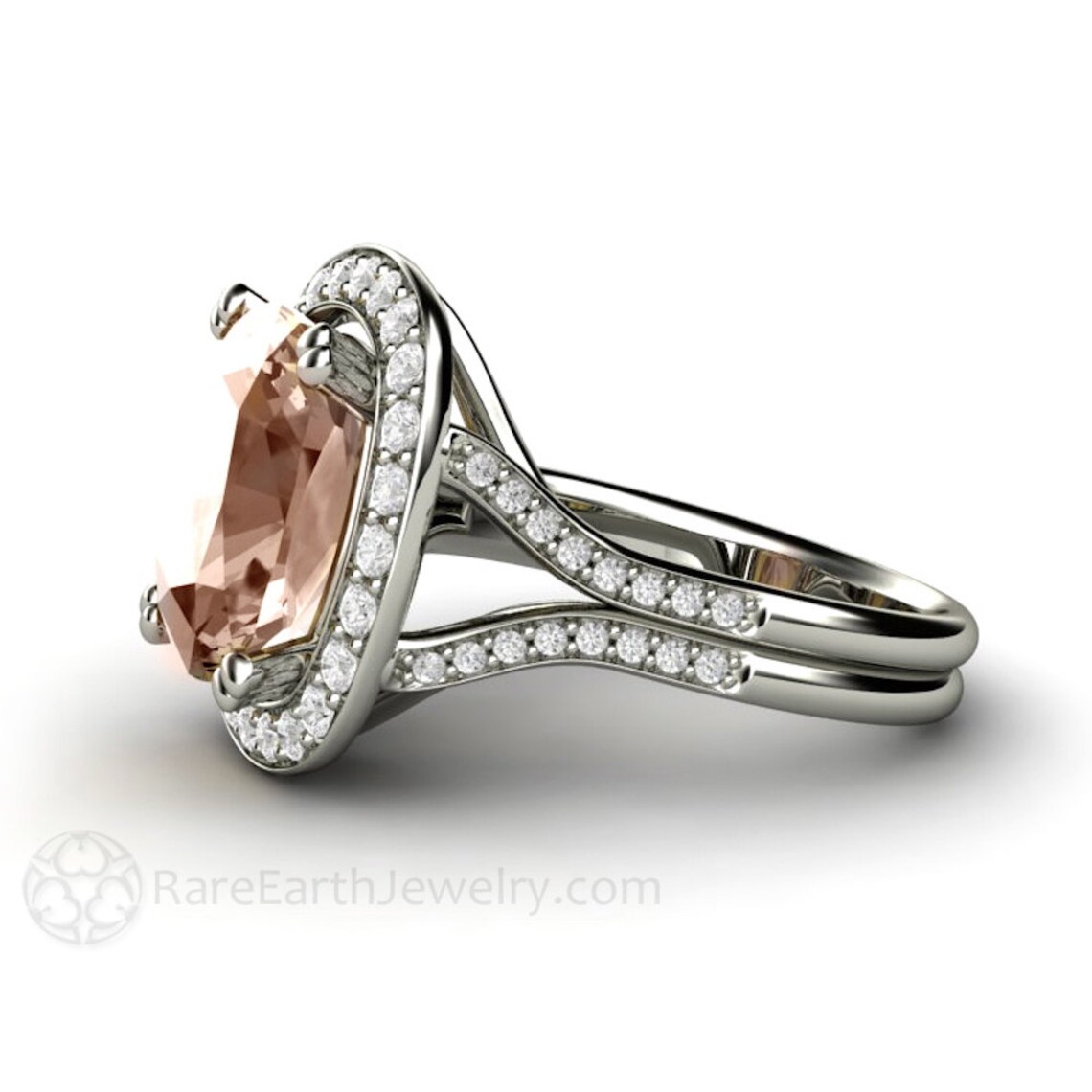 Large Cushion Morganite Ring Morganite Engagement Ring Diamond Halo ...