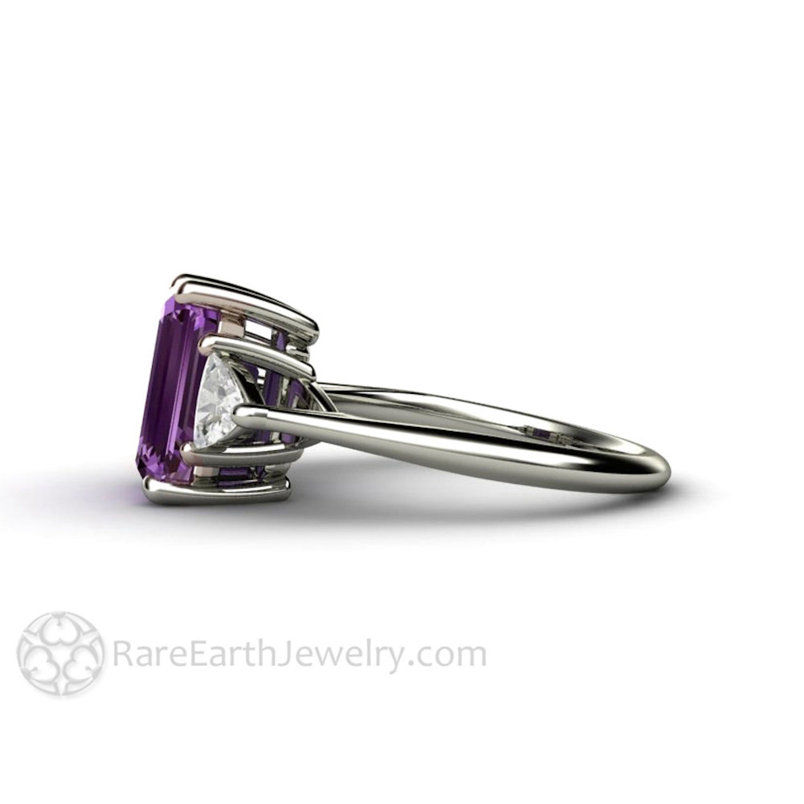 Purple Sapphire Ring Emerald Cut Three Stone Engagement Ring Unique ...
