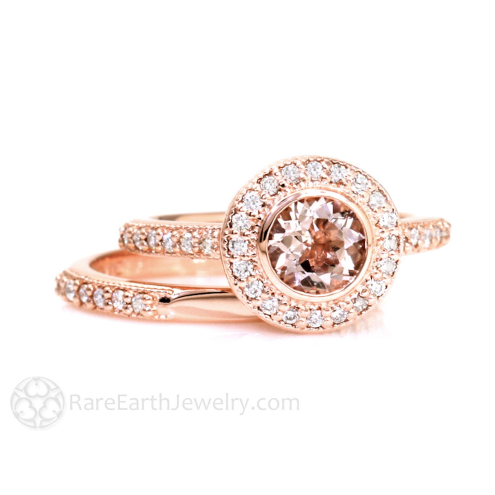 Bezel Morganite Wedding Set Engagement Ring Morganite Ring Diamond Halo ...