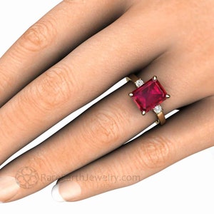 Ruby Engagement Ring Emerald Cut 3 Stone Ruby Ring With - Etsy