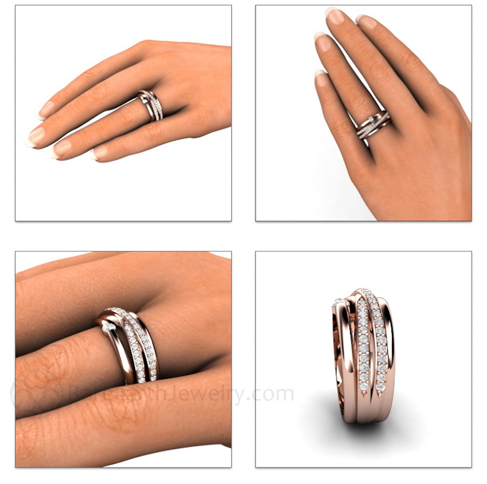 14K Diamond Band Triple Band Multi Band Crossover Band Rolling - Etsy