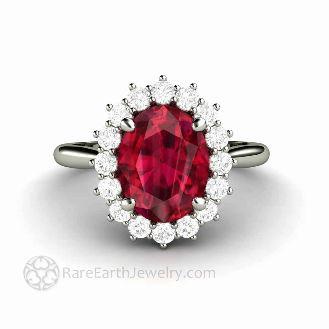 Ruby Engagement Ring Oval Ruby Ring Diamond Cluster Ruby Halo Ring With ...